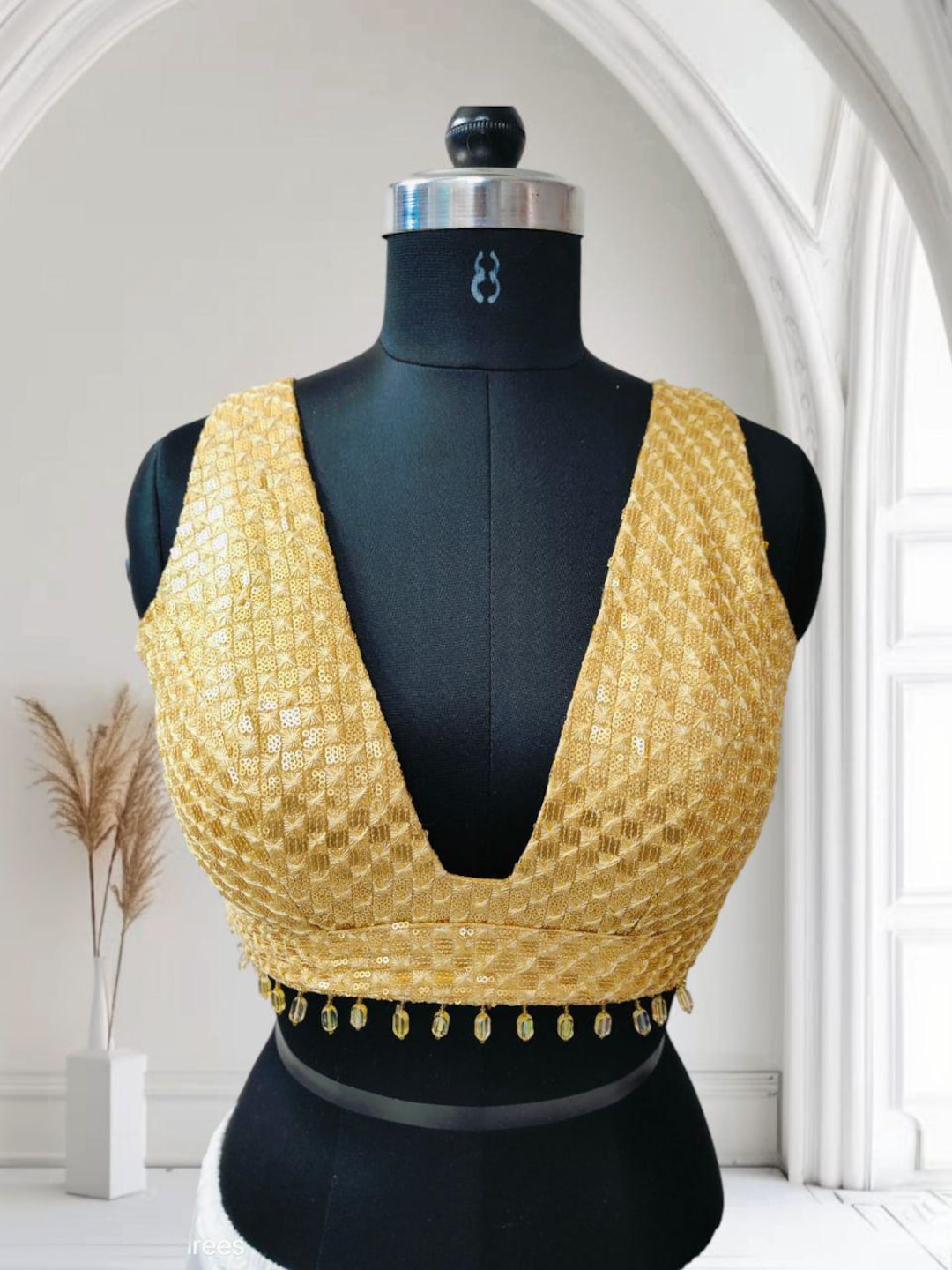Custom Gold Sequin Saree Blouse Crop Top With Deep Plunge Neckline ...