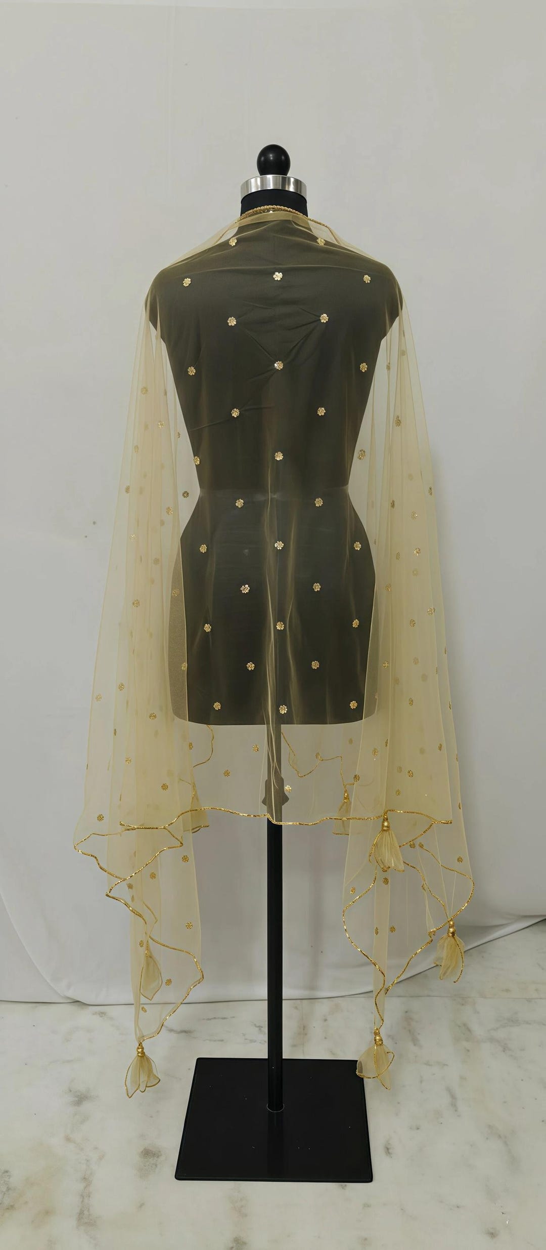 Golden Net Dupatta With Sequin Embroidery, Festive Indian Scarf, Sheer ...
