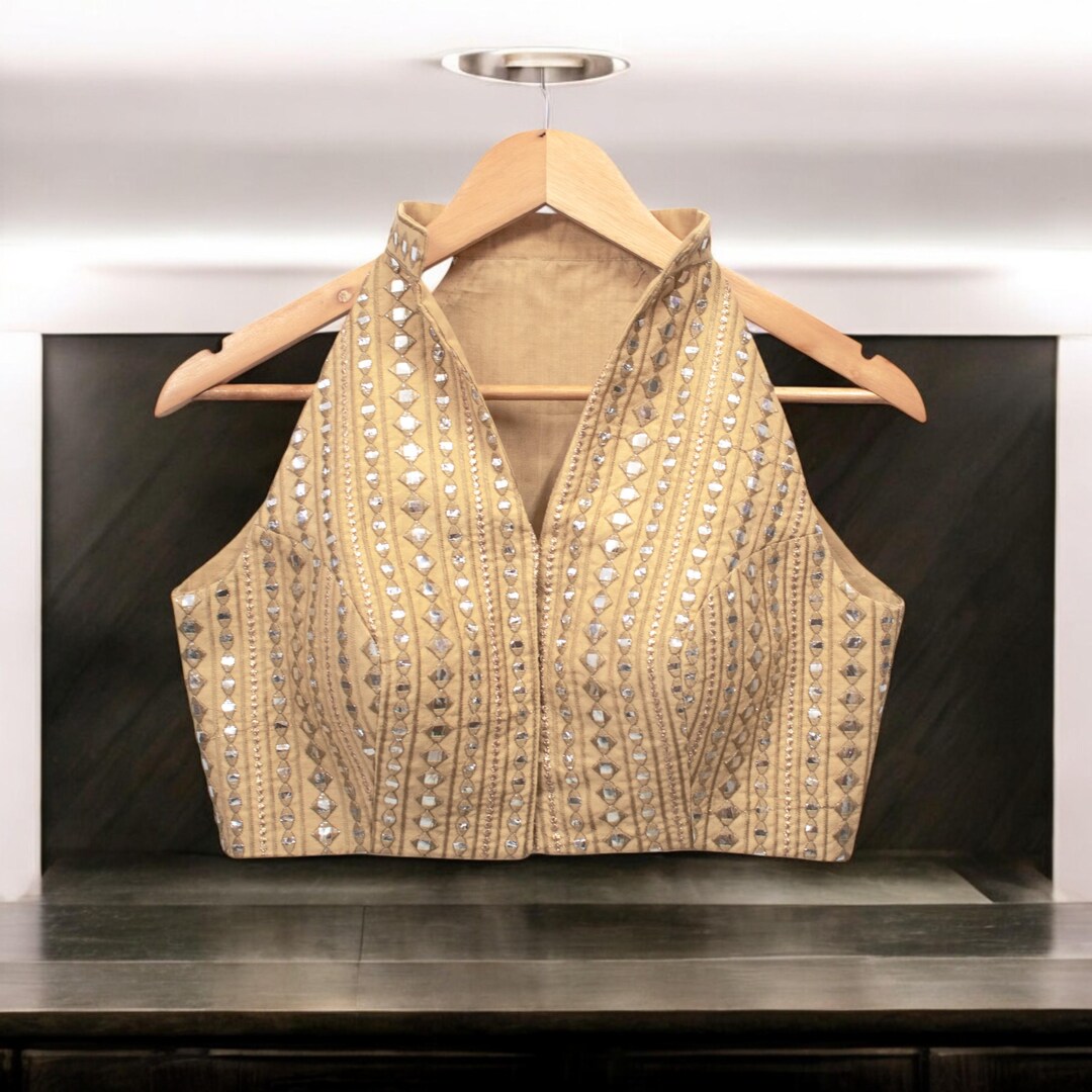 Collar Crop Top Gold Mirror Saree Blouse, Custom Fit Traditional Micro ...