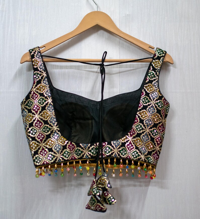 Black Sequin Embroidered Sweetheart Neck Blouse With Tassels ...