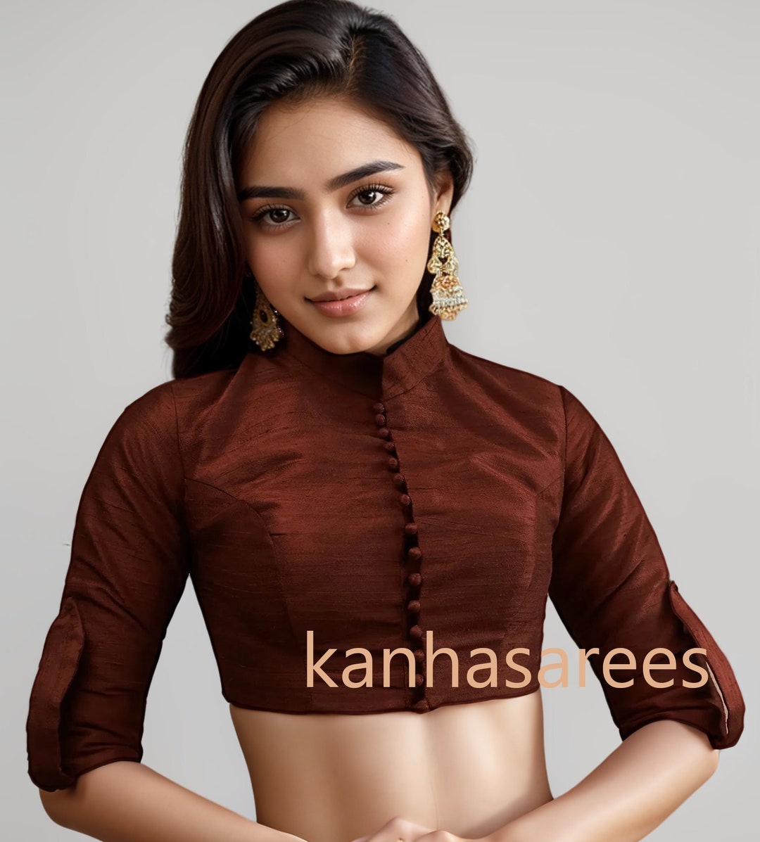 Custom Made Raw Silk Saree High Neck Collar Blouse Elbow Sleeve Indian ...
