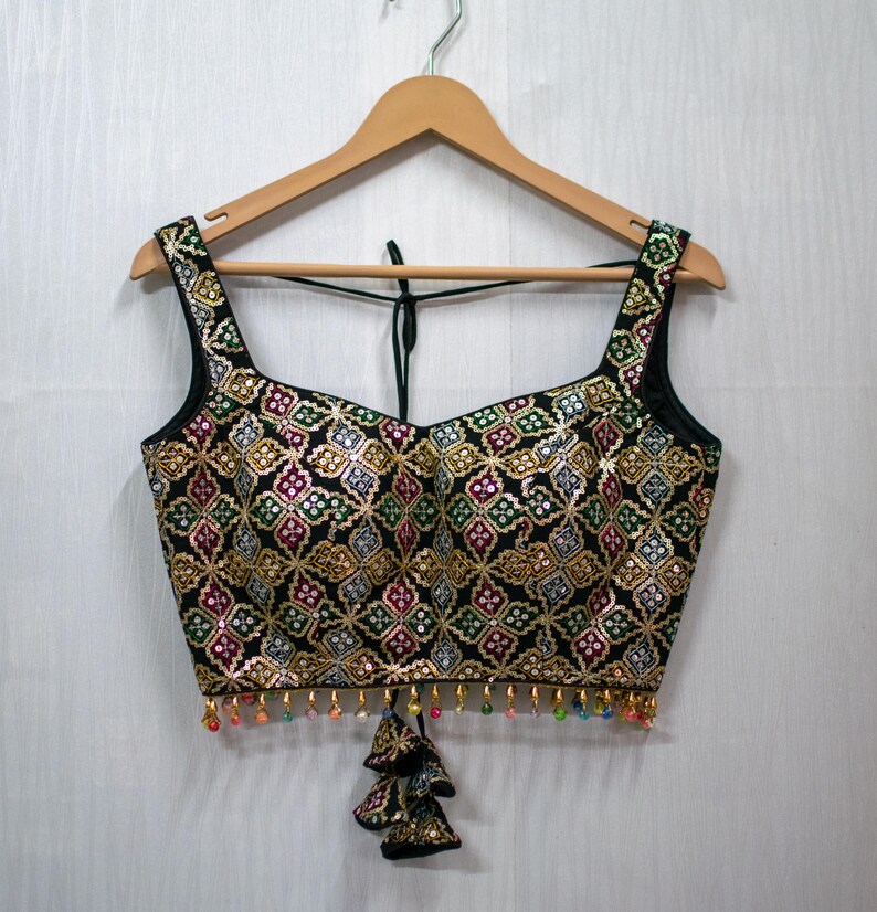 Black Sequin Embroidered Sweetheart Neck Blouse With Tassels ...