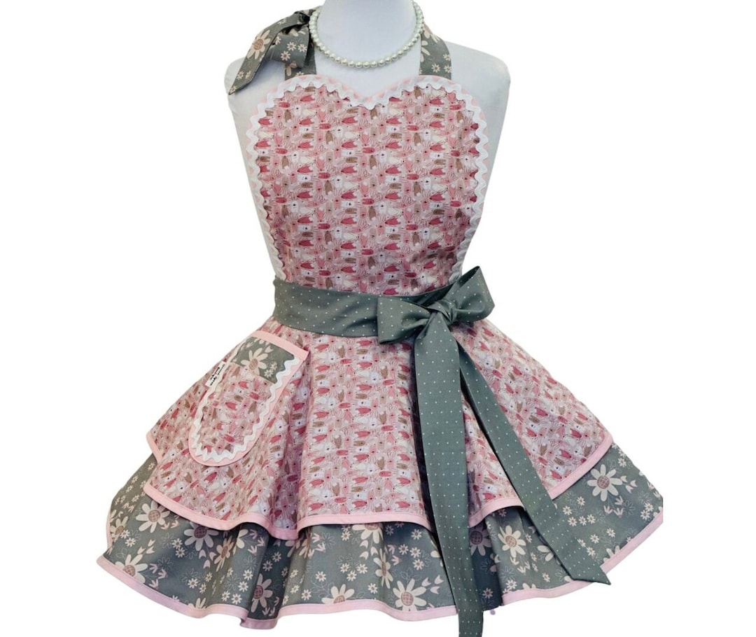 Vintage-inspired Womens Sweet Bunny Spring Flower Retro Kitchen Apron ...