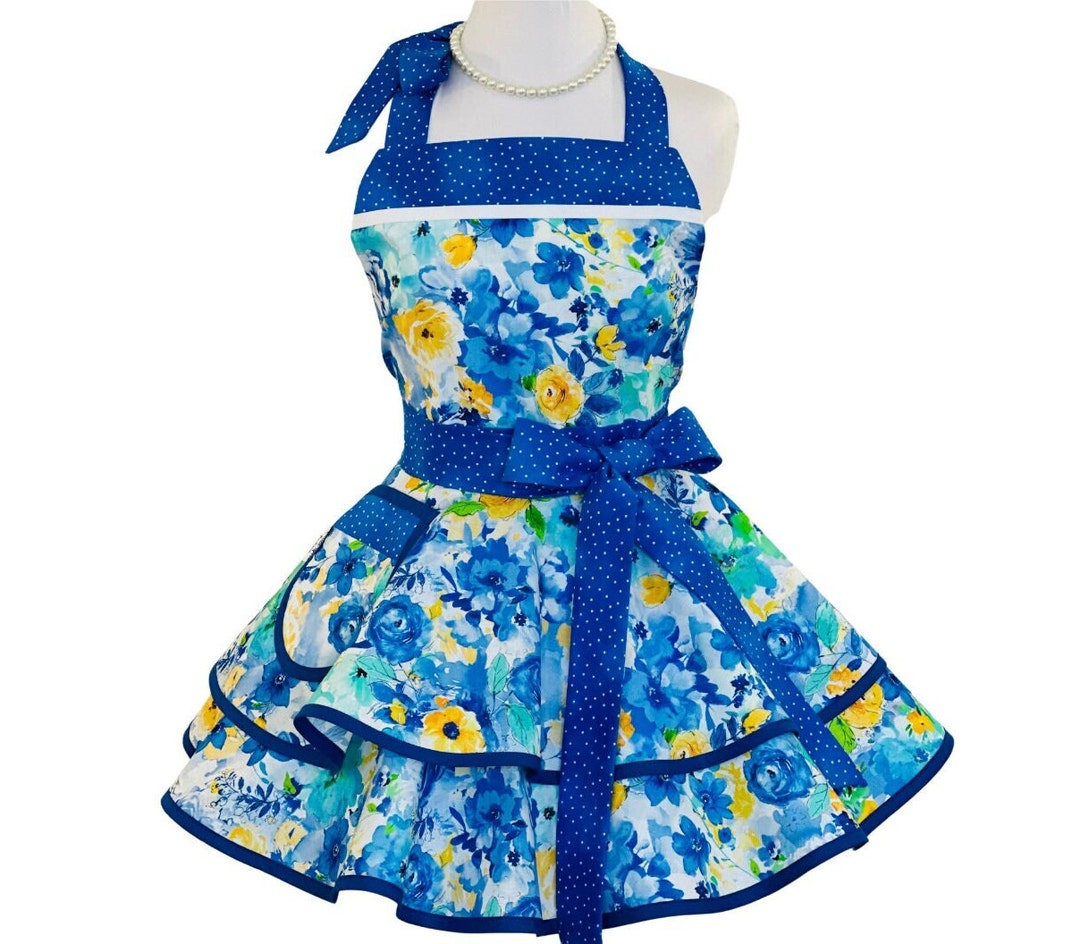 Womens Flirty Blue and Yellow Floral Kitchen Apron Pretty Spring Pinup ...