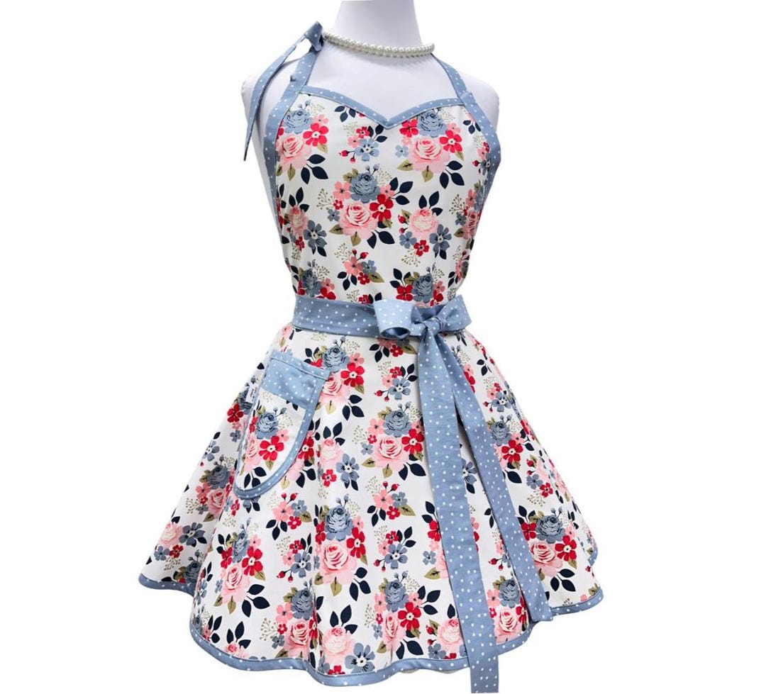 Women's Blue and Pink Kitchen Apron - Flirty Apron With Pocket - Etsy