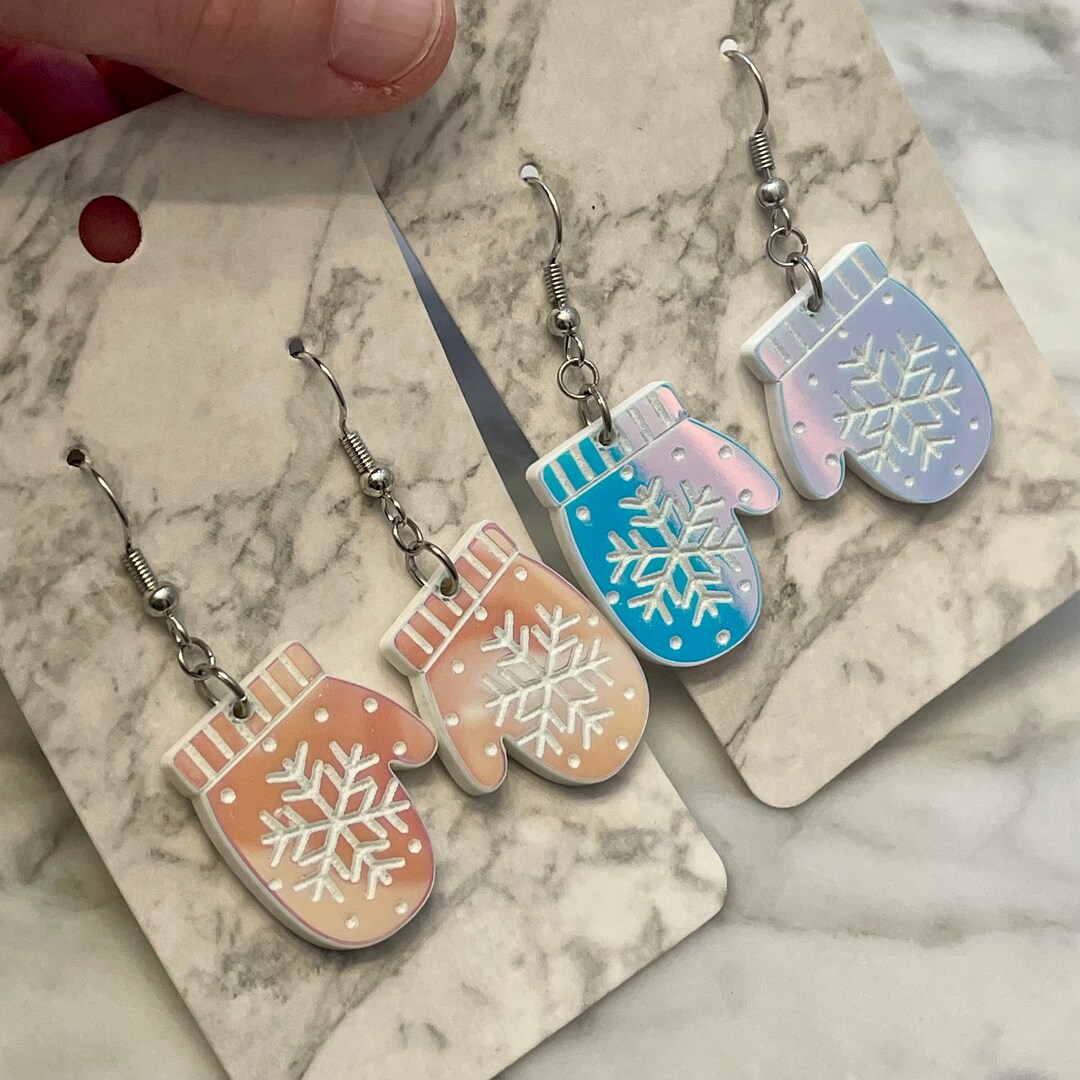 Iridescent Mitten Earrings – Laser Cut Acrylic Snowflake Jewelry - Etsy