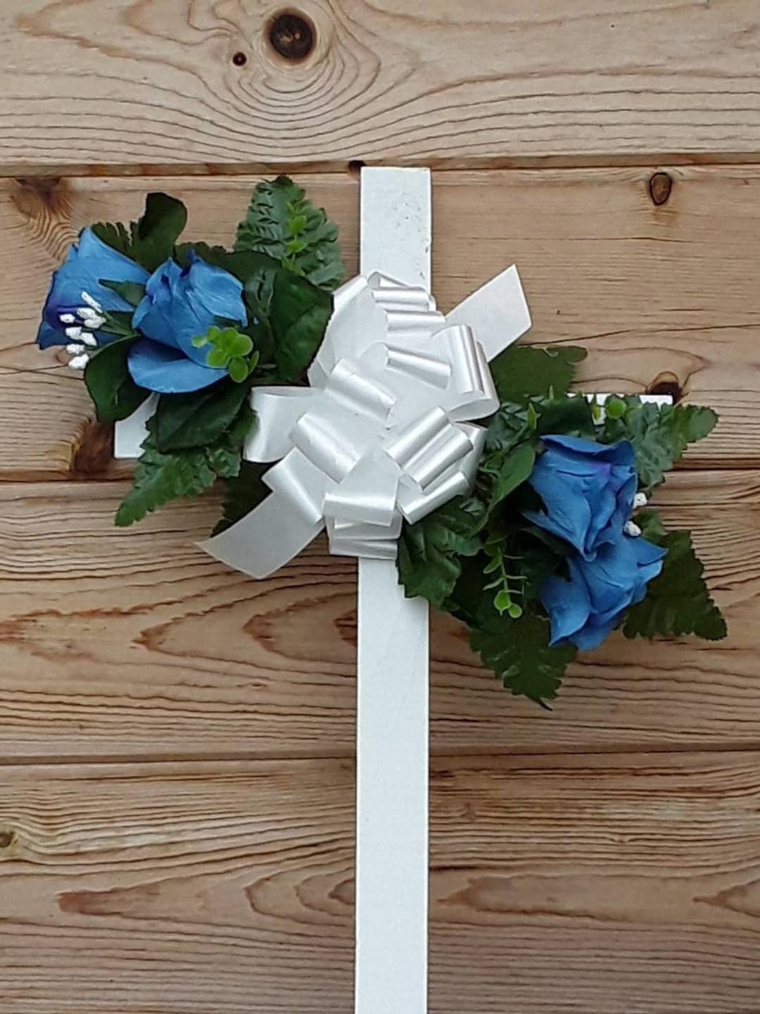 24 Inch Blue Flowers Rustic Rough Cut Wooden Memorial Cross. (*combined ...