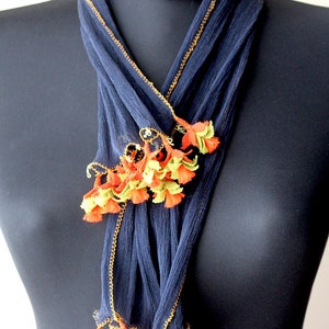 Traditional Oriental Turkish Dark Blue Silk Woman Scarf With Needle ...