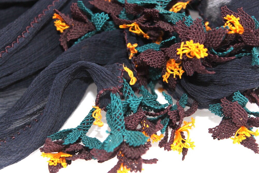 Traditional Oriental Turkish Dark Blue Silk Woman Scarf With Needle ...