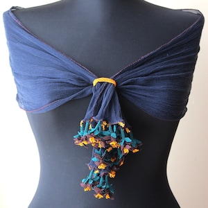 Traditional Oriental Turkish Dark Blue Silk Woman Scarf With Needle ...