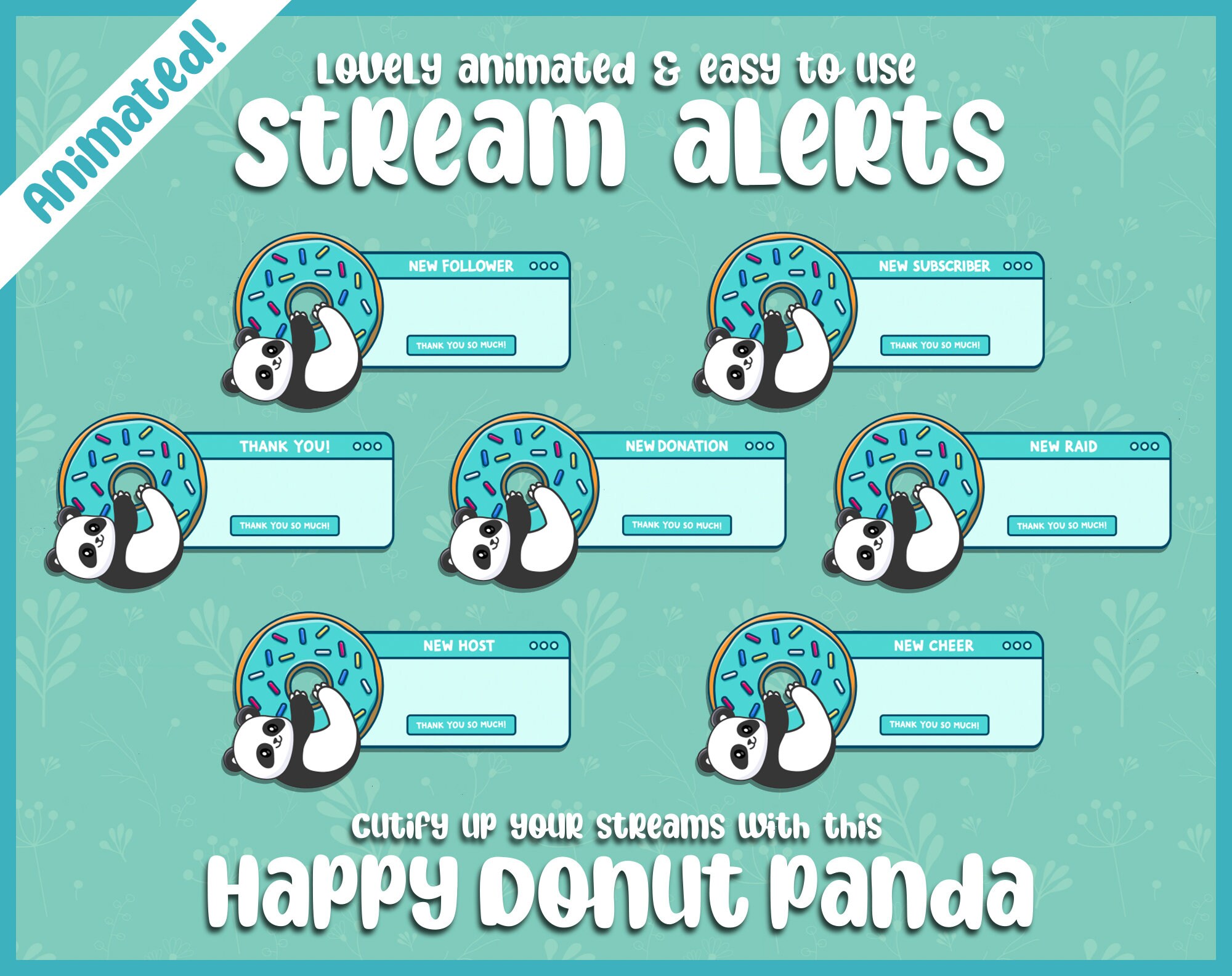 7x Animated Alerts Happy Donut Panda | Pastel | Overlay | Border ...