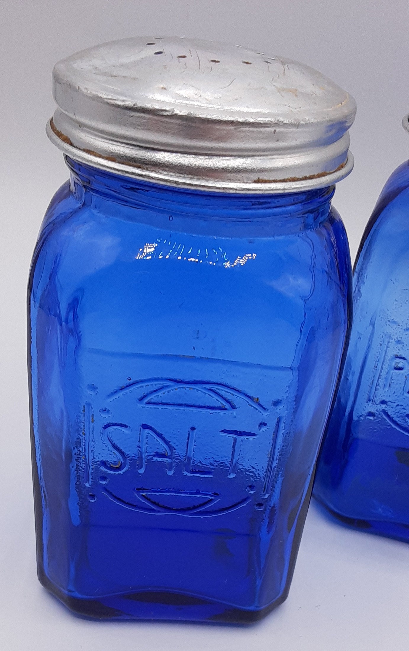 Vintage Cobalt Blue Glass Embossed Salt & Pepper Shaker Set 4.5 X 2.25 ...