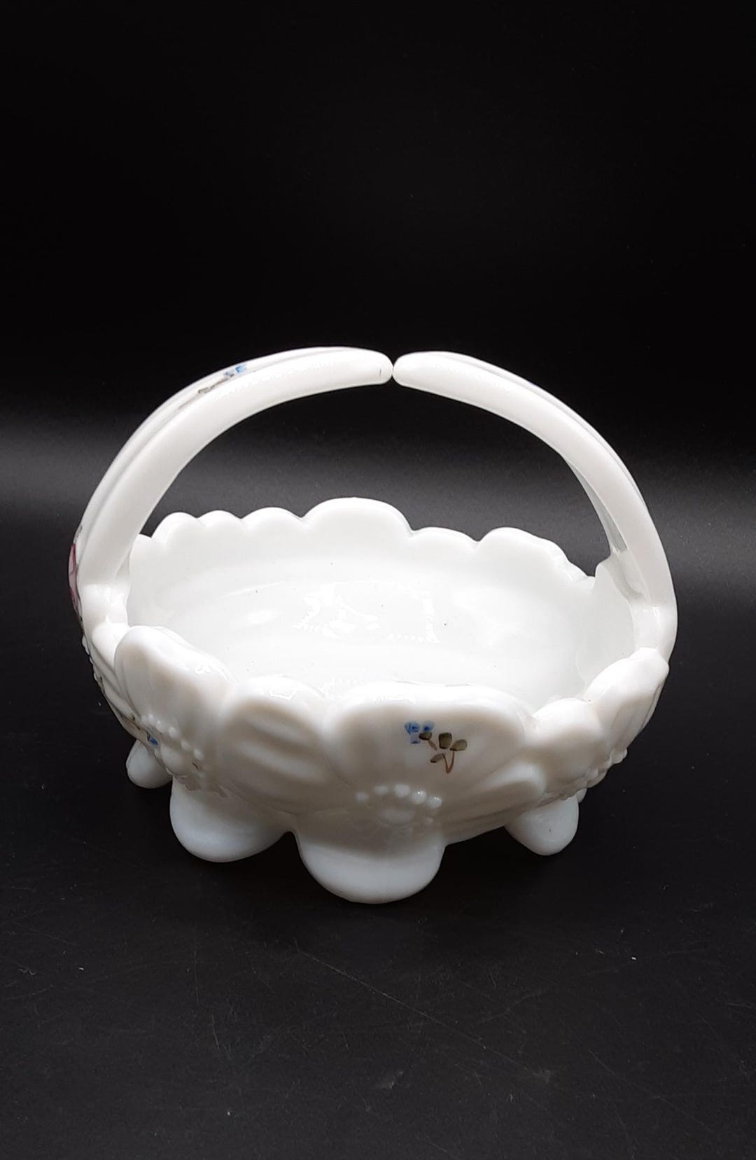 Vintage Westmoreland Hand Painted Roses/blue Floral Milk Glass Handled ...