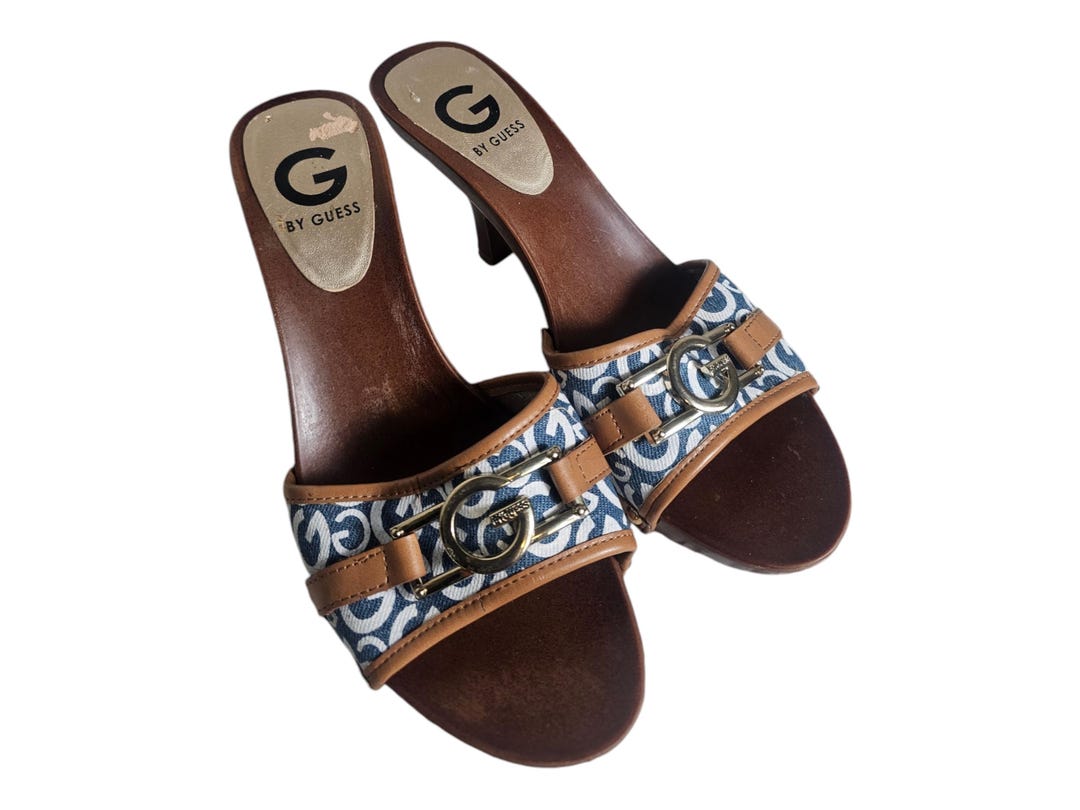 G by Guess Signature Logo Classy Wooden Slide Sandals. Blue Denim ...