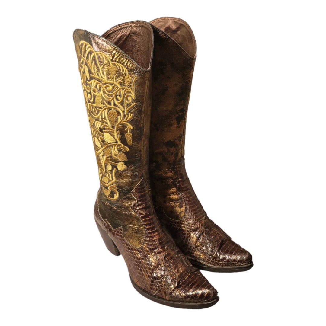 Vintage 90's Electra Gold Metallic Western Boots: Embroidered Leather ...