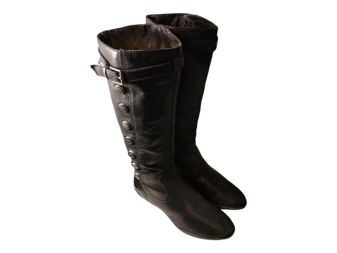 Arturo Chiang Black Tall Riding Boot Buttons 8M/Y2K Vintage Flat Zipper ...