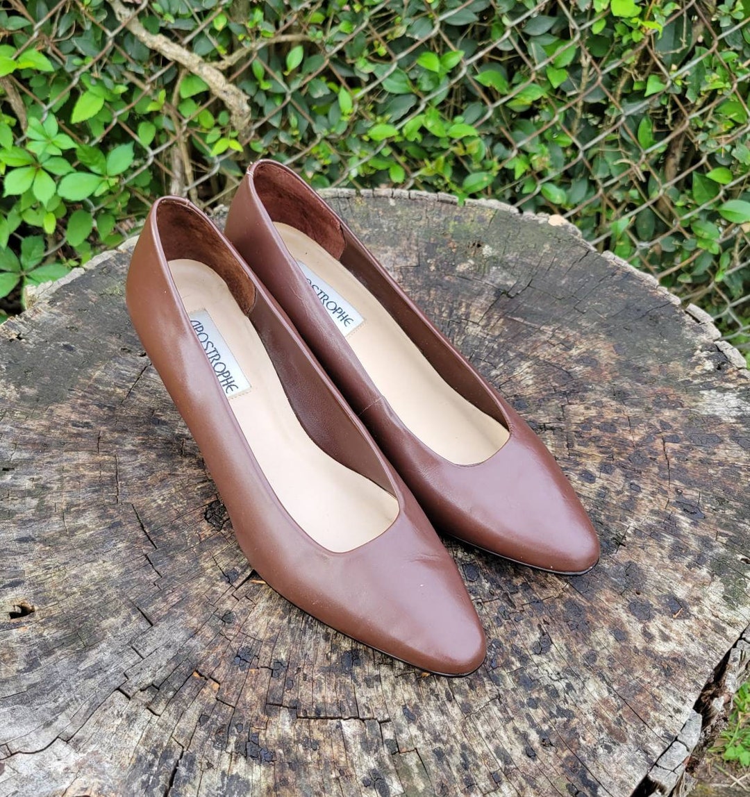 Vintage Genuine Brown Leather Closed Toe Pumps/ladies Cocktail Shoes by ...