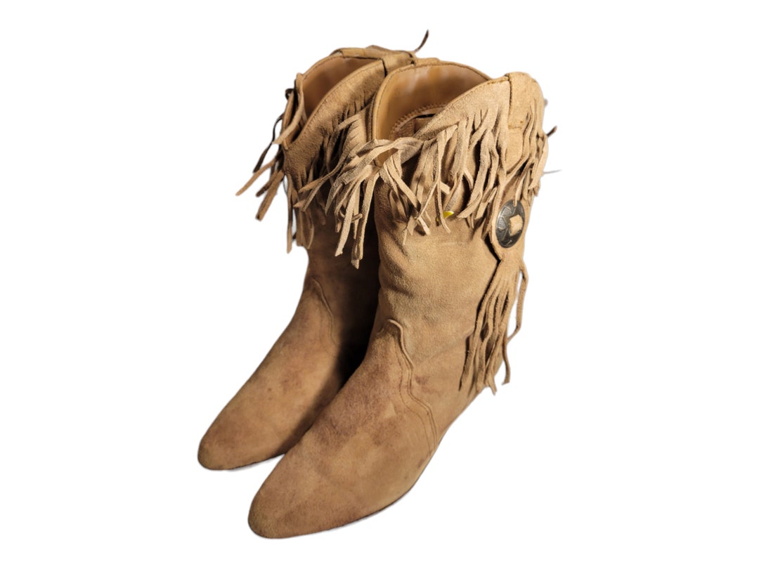 Vintage Sheriff Houston Tan Suede Boots Size 7.5 Fringe Western Style ...