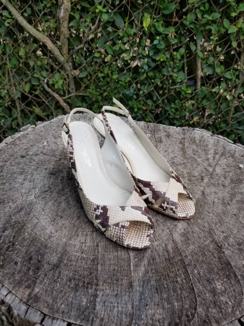 Sz 6.5 Vintage Slingback Shoes/genuine Leather Snakeskin Print/1980s ...
