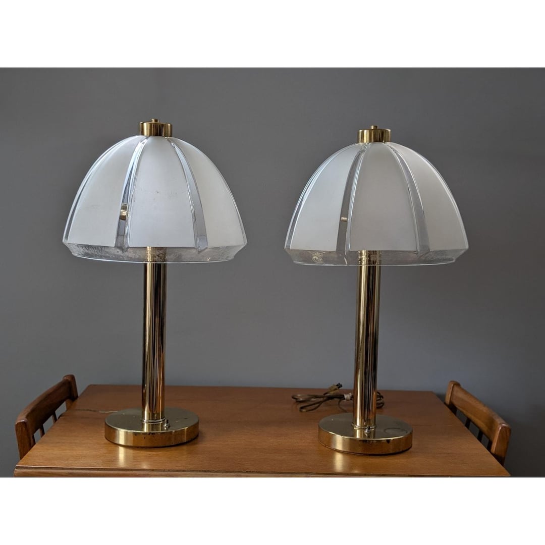 Pair of Vintage Clover Table Lamps With Frosted Mushroom Glass Shades ...