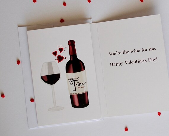 Youre Fine Red Wine Card Wine Valentines Card Food Pun Valentines Wine Lover Gift Etsy