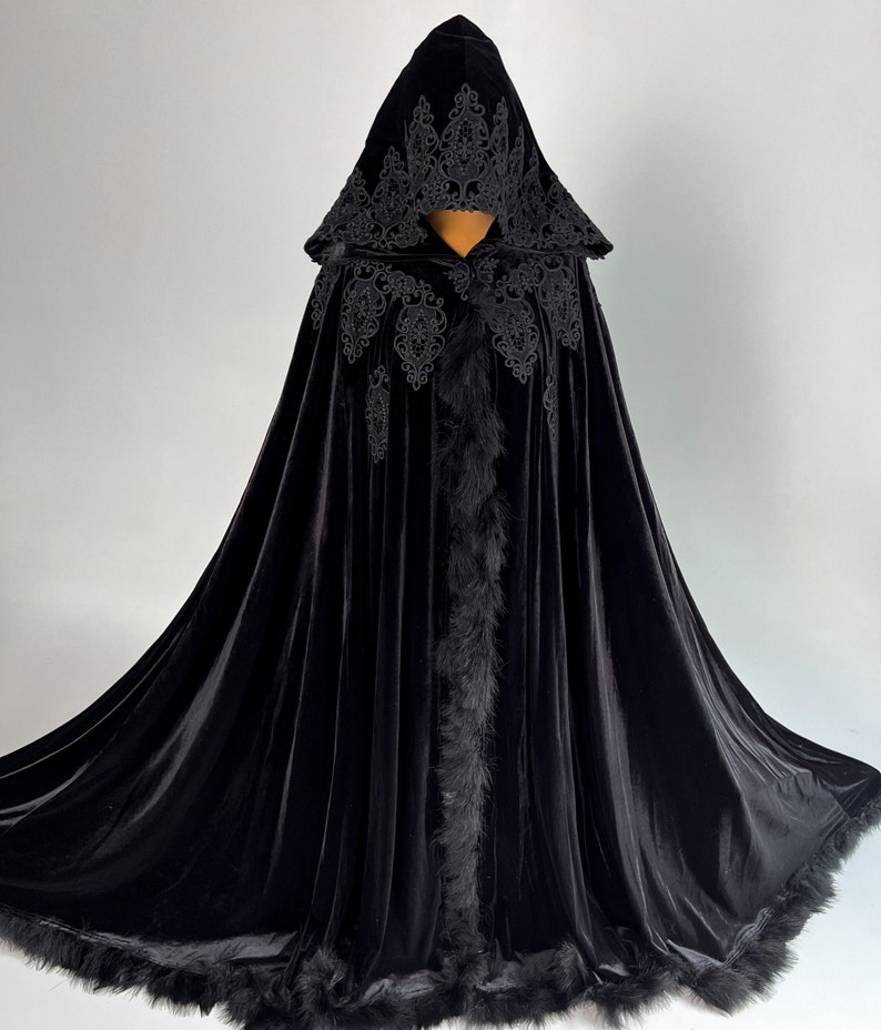 Black Halloween Cape Velvet Hooded Cloak Witch Cape Feathers Medieval ...