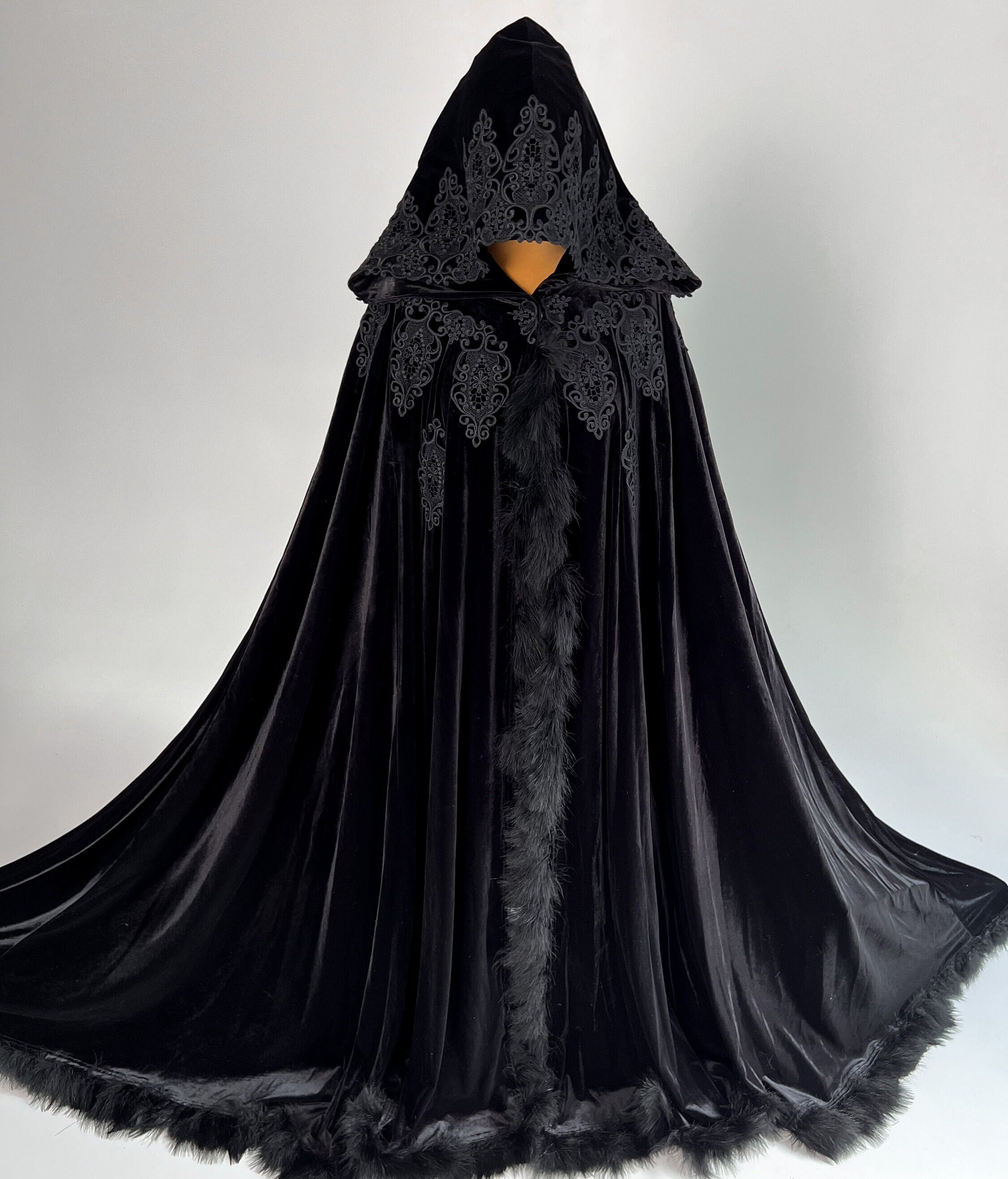 Black Halloween Cape Velvet Hooded Cloak Witch Cape Feathers Medieval ...
