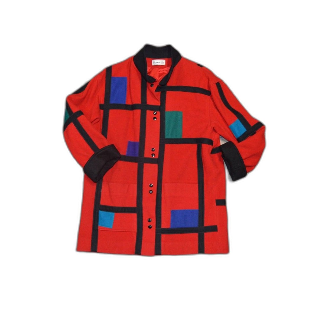 Herman Kay Vintage Colorblock 80s Red Geometric 100% Wool Car Coat ...