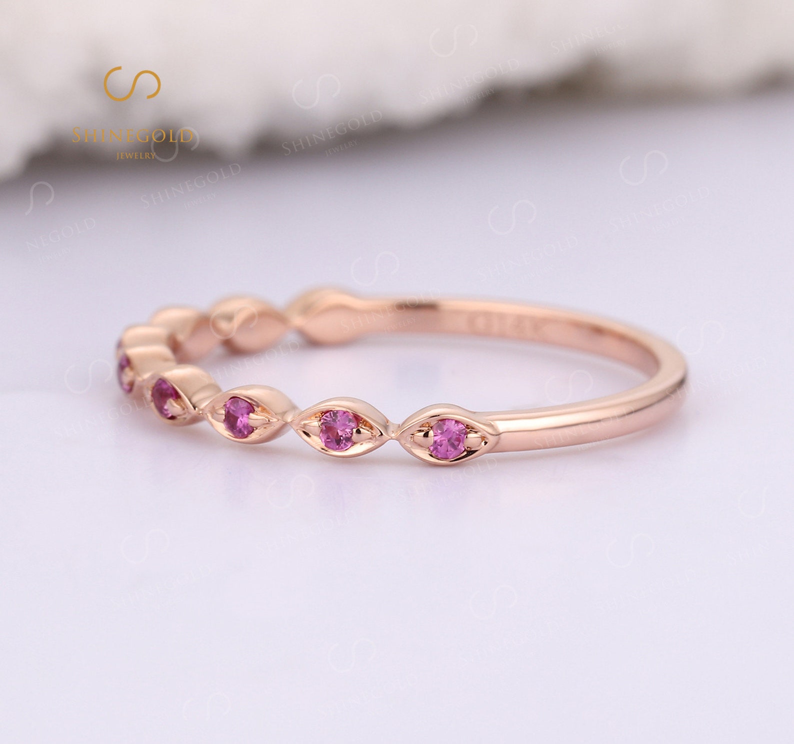 Pink Sapphire Rose Gold Wedding Band Vintage Ring Unique | Etsy