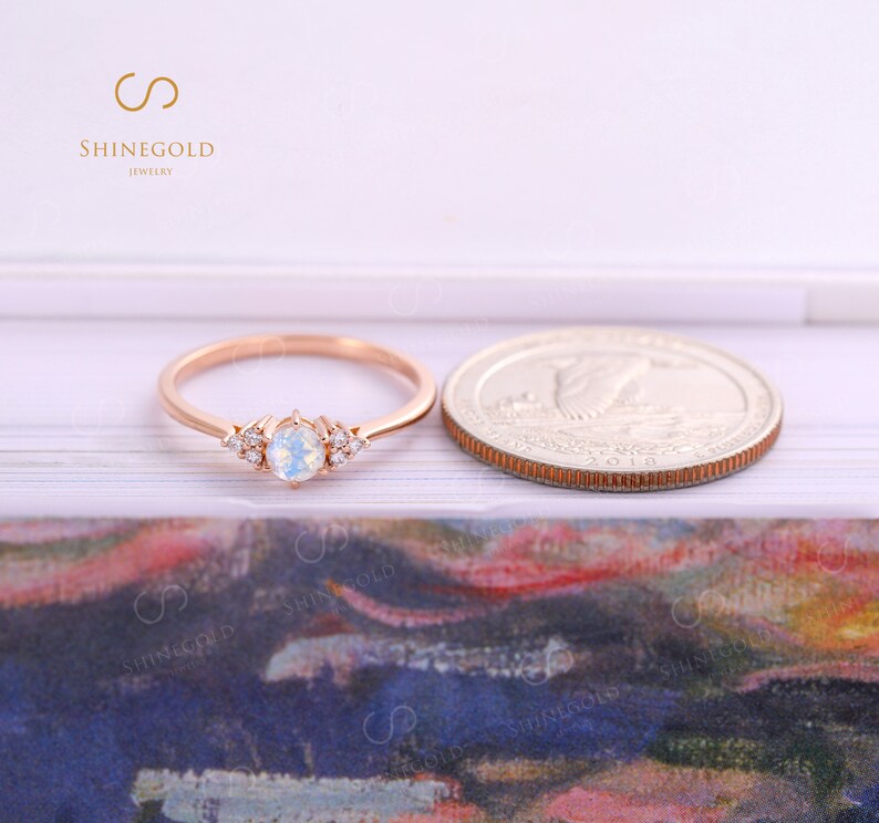 Round Moonstone Engagement Ring Vintage Rose Gold Ring Simple - Etsy