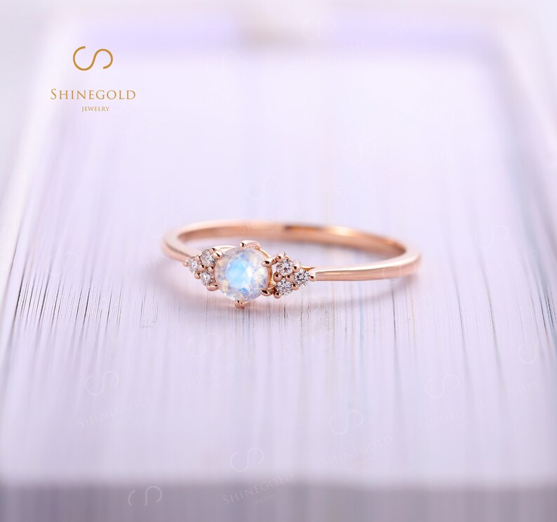 Round Moonstone Engagement Ring Vintage Rose Gold Ring Simple - Etsy