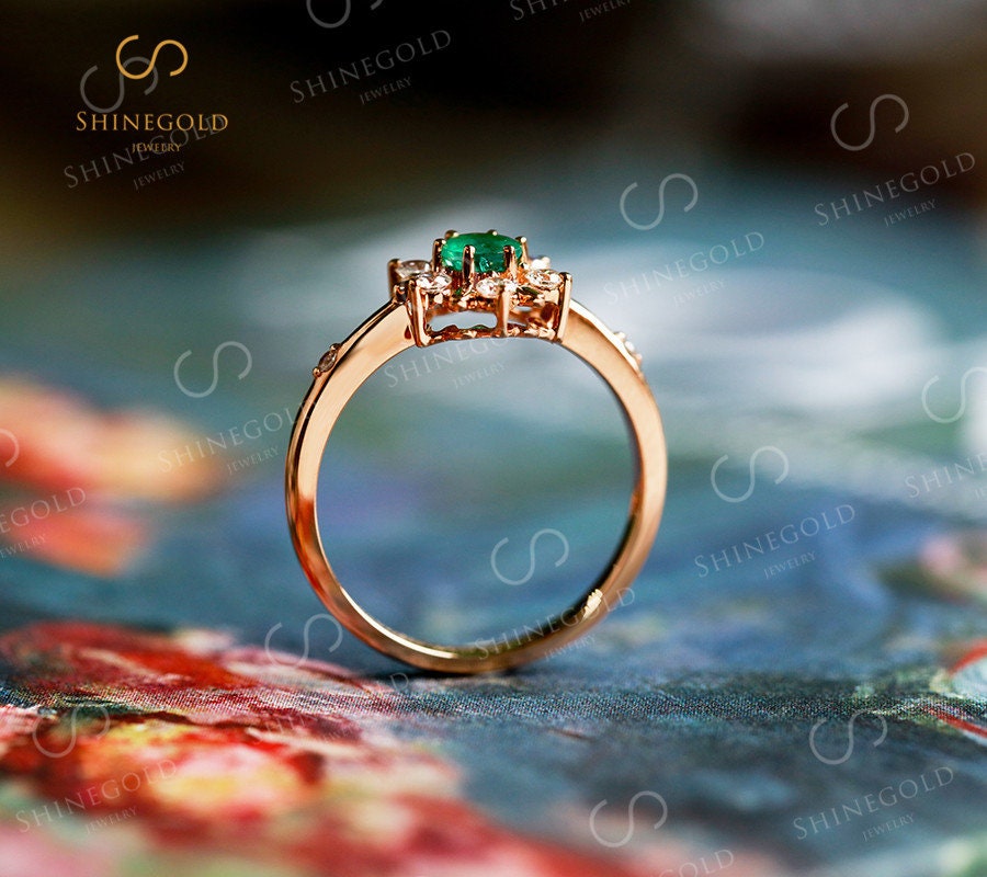 Natural Emerald Engagement Ring Yellow Gold Ring Halo Diamond | Etsy