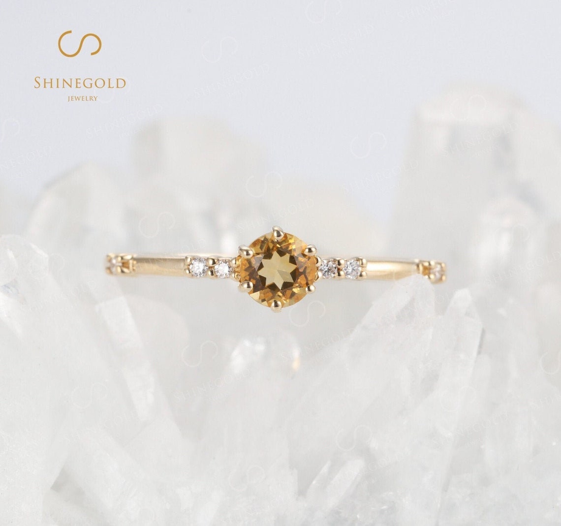 Citrine Engagement Ring Vintage Round Citrine Ring Women - Etsy