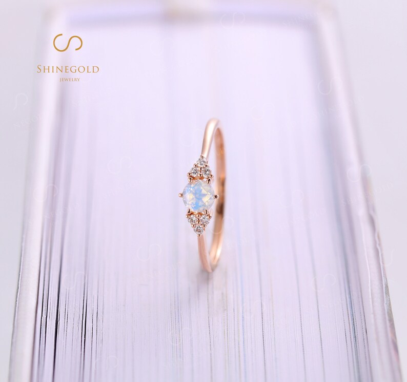 Round Moonstone Engagement Ring Vintage Rose Gold Ring Simple - Etsy