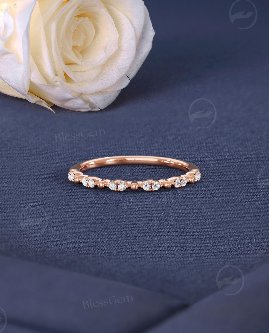 Rose Gold Wedding Band • Moissanite Bead Stacking Ring for Women ...