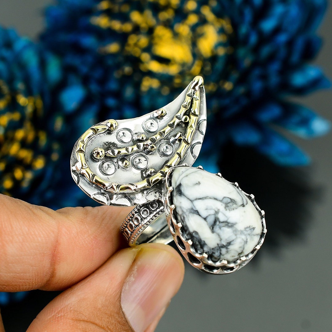 Precious Pinolith Jasper Ring, 18K Gold Plated Gemstone Ring, White ...