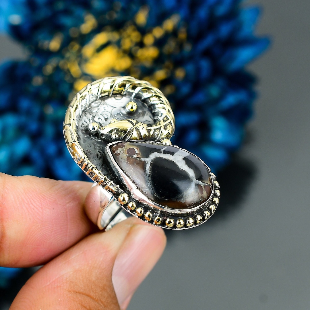 Moroccan Mud Crack Fossil Snake Ring, 18K Gold Plated Gemstone Ring ...