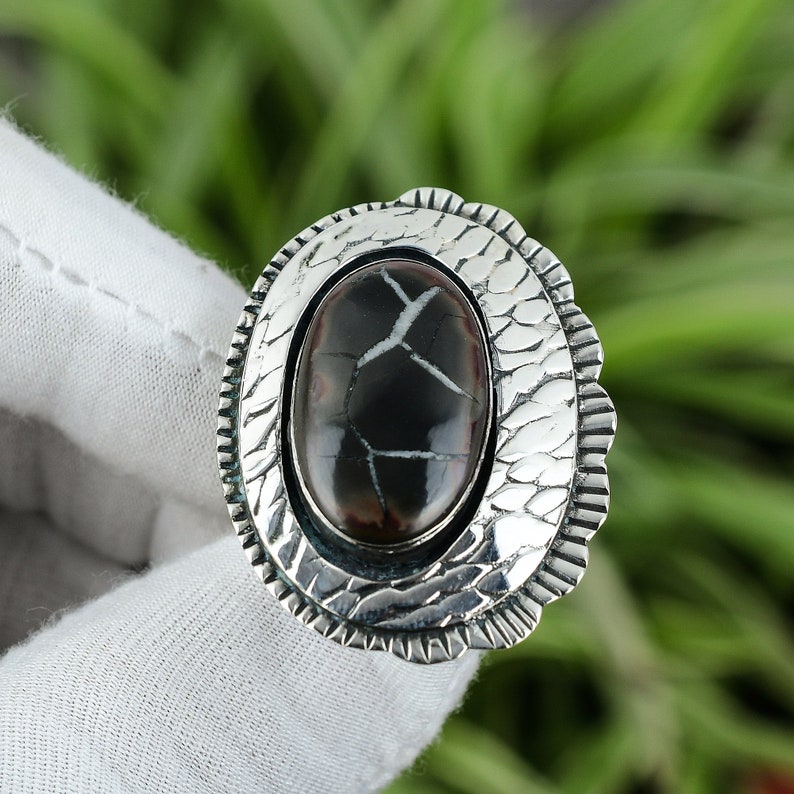 Moroccan Mud Crack Fossil Ring, Sterling Silver Oxidized Gemstone Ring ...