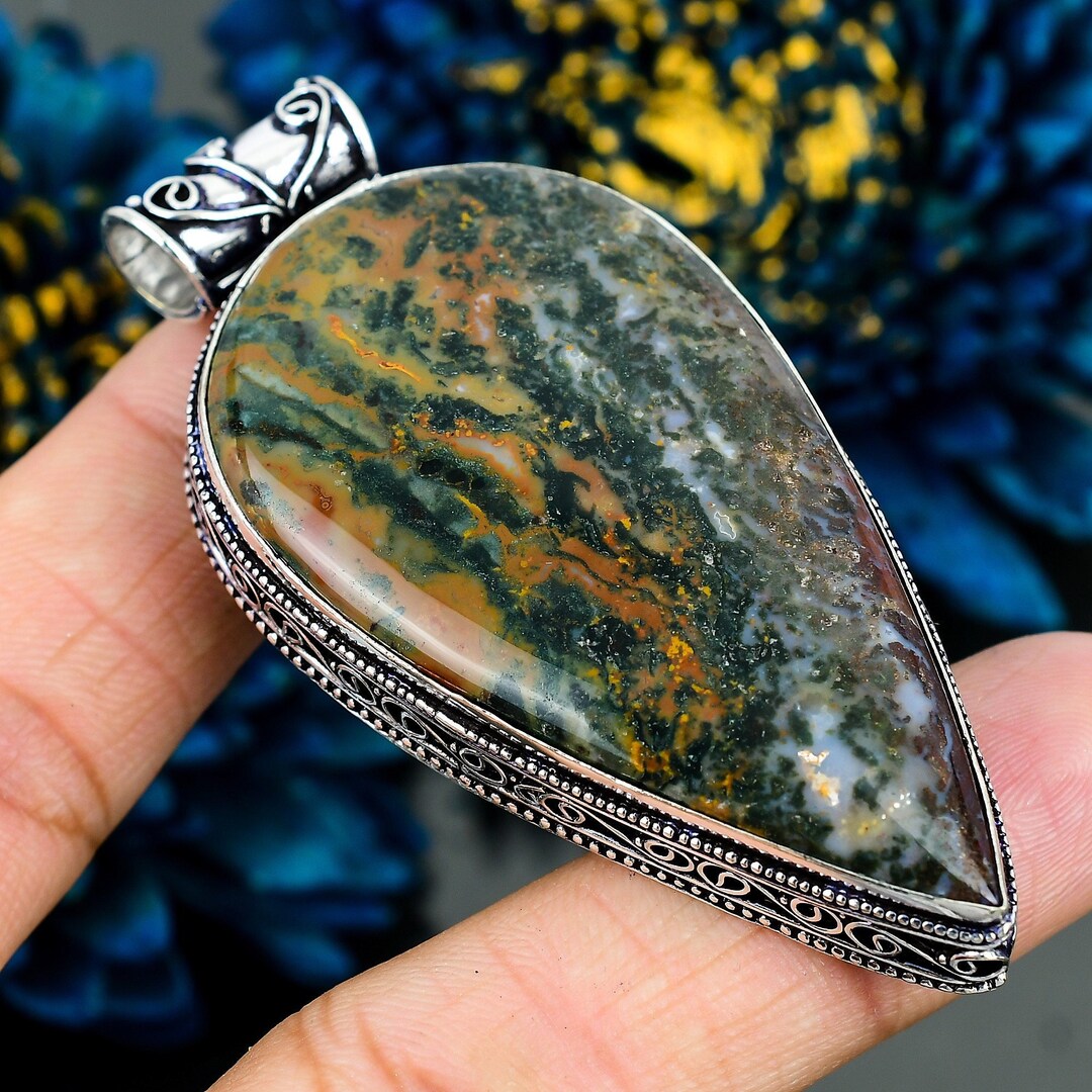 Antique Natural Moss Agate Vintage Pendant, Gemstone Pendant, Green ...