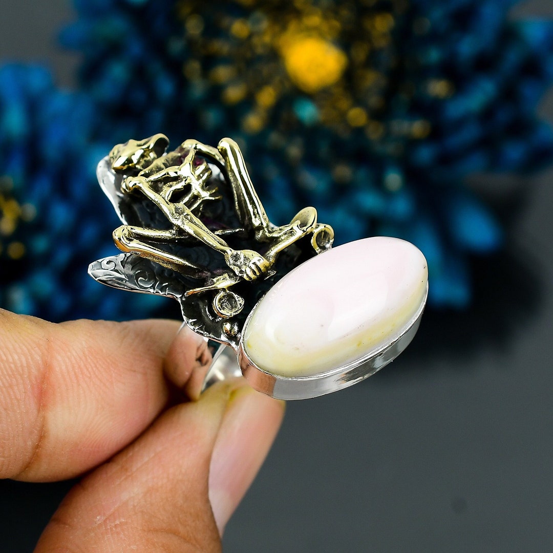 Rare Pink Opal Skeleton Ring, 18K Gold Plated Gemstone Ring, Pink ...