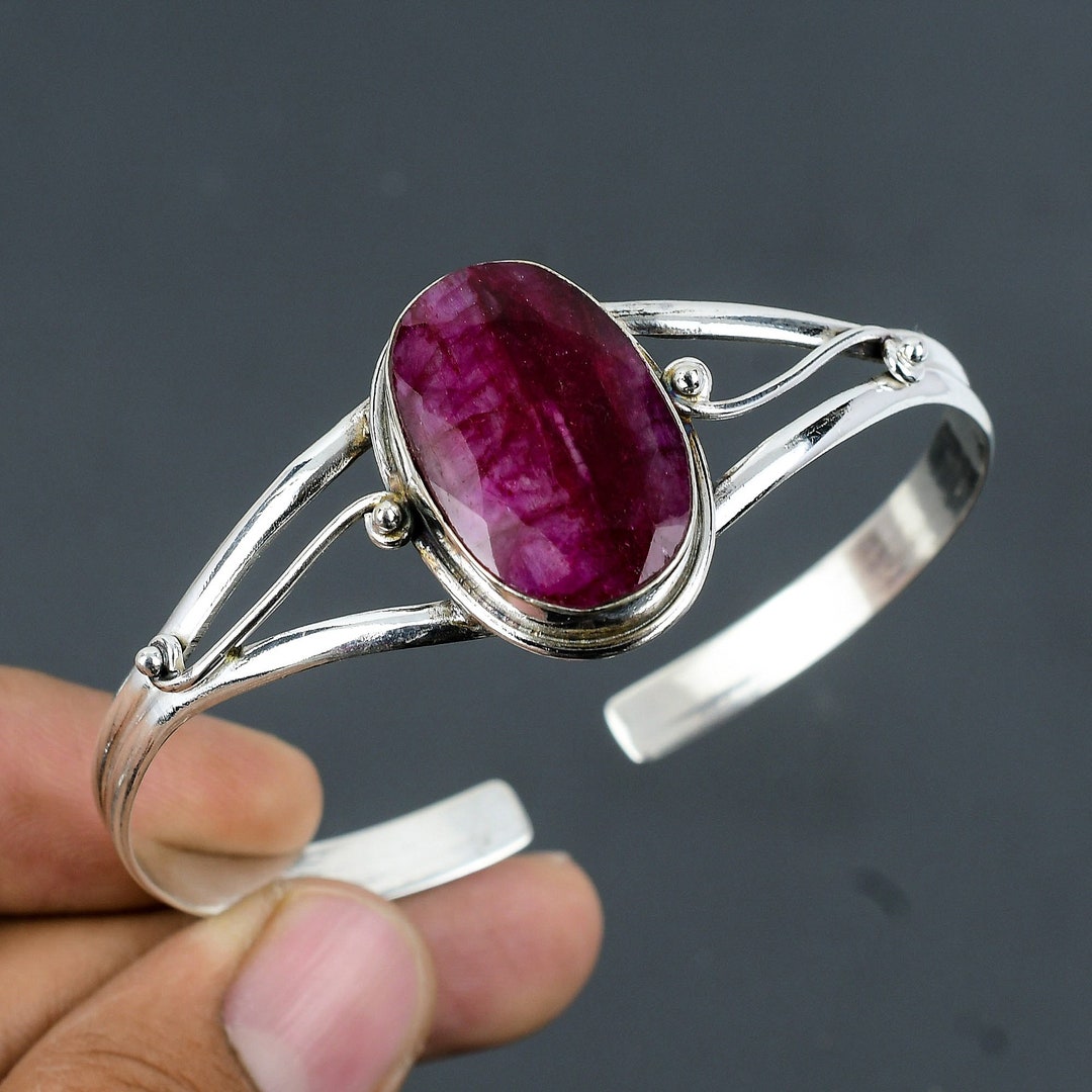 Faceted Kashmir Ruby Bangle Real Gemstone Jewelry Adjustable Bangle 925 Sterling Silver Cuff ...