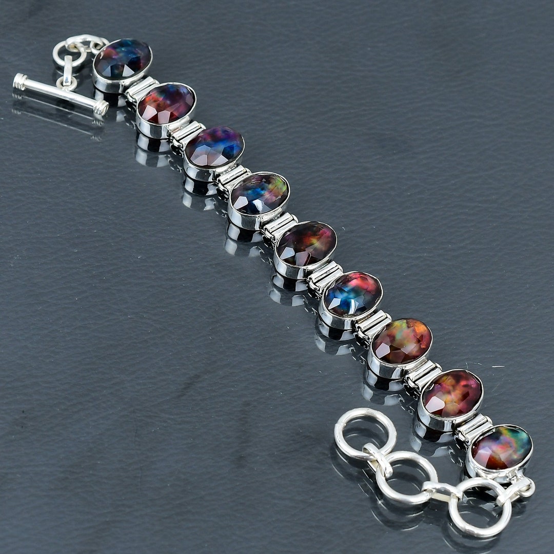 Faceted Ammolite Bracelet: Handmade 925 Sterling Silver Adjustable ...