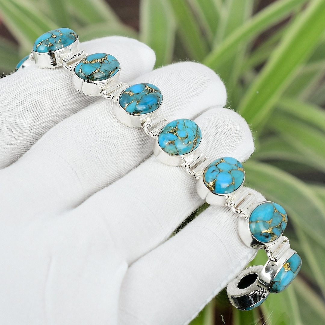 Handmade Copper Turquoise Bracelet: 925 Sterling Silver Adjustable ...