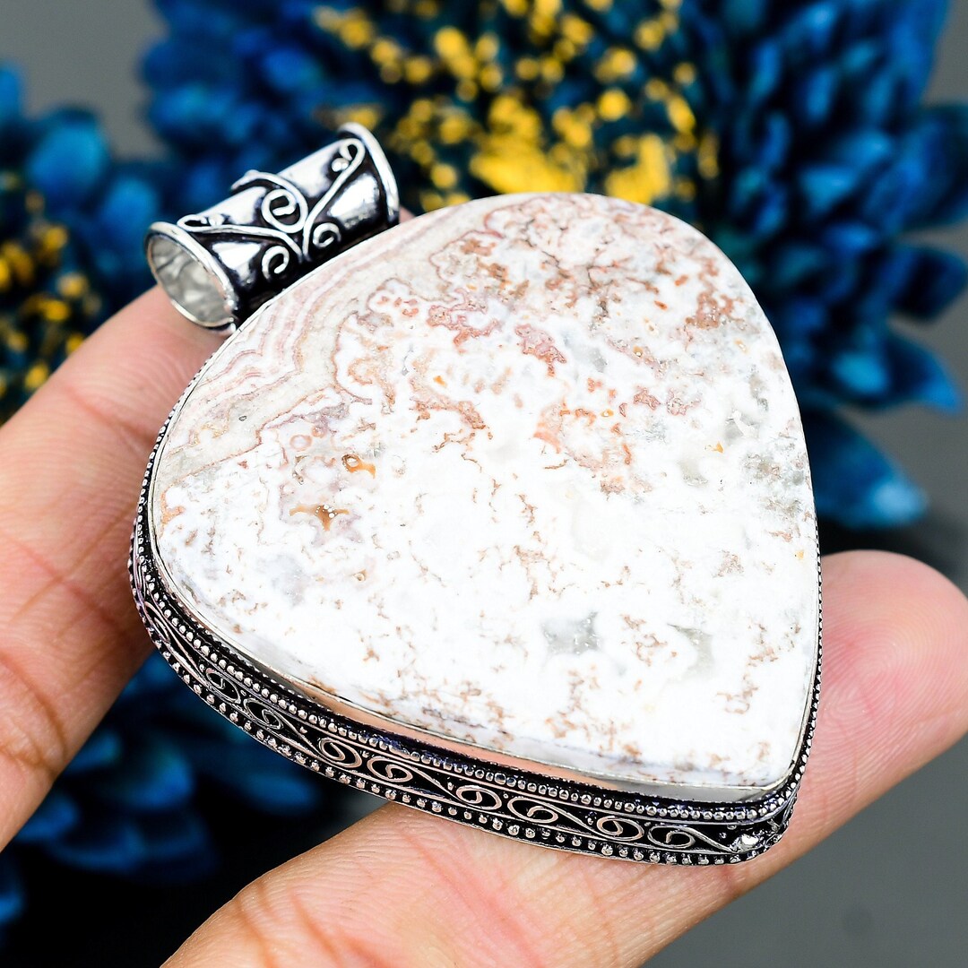 Precious Rosetta Jasper Vintage Pendant, Gemstone Pendant, White ...
