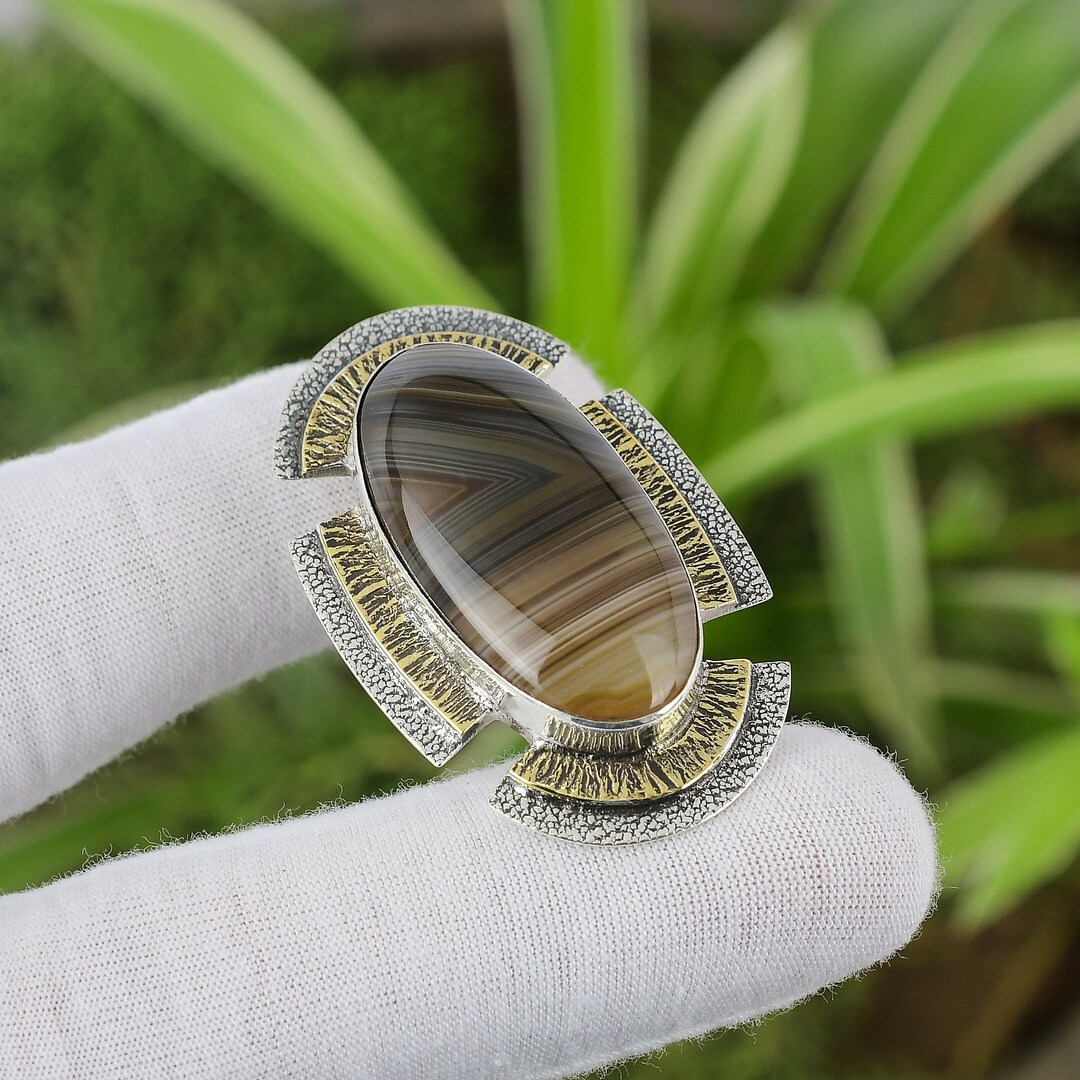 Botswana Agate Pendant 925 Sterling Silver Pendant 18K Gold Plated ...