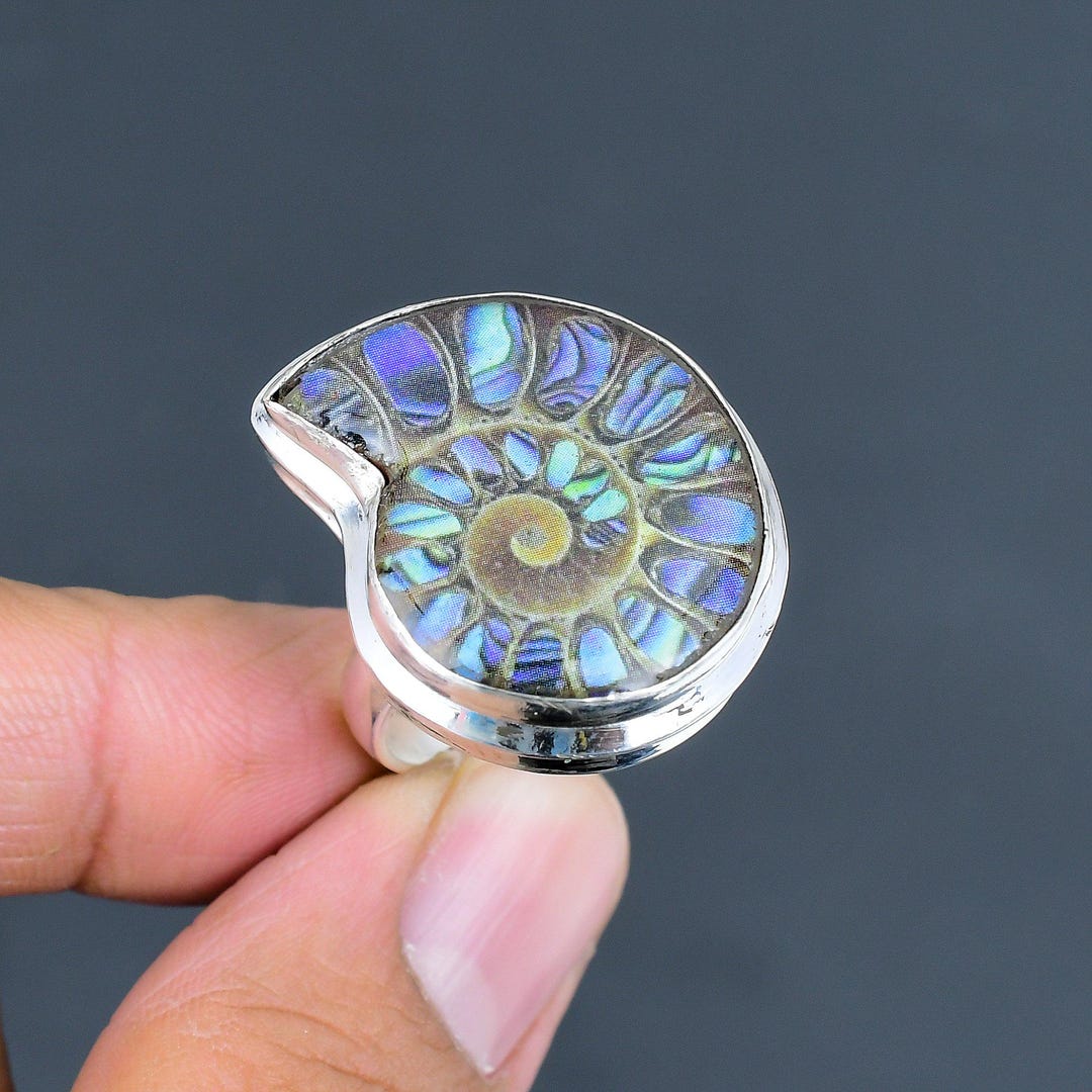 Abalone Shell in Ammonite Fossil Ring: Adjustable Sterling Silver - Etsy