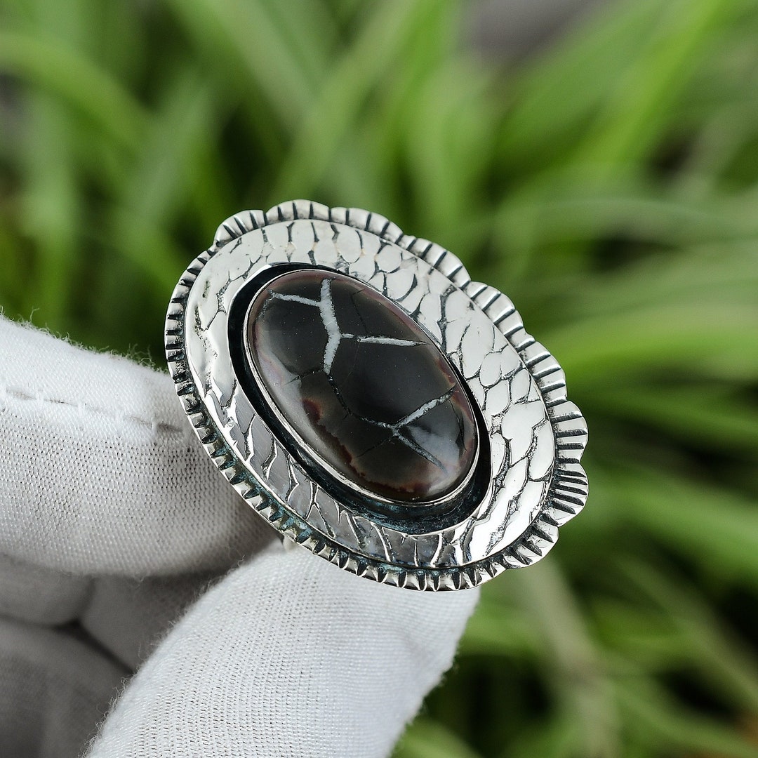 Moroccan Mud Crack Fossil Ring, Sterling Silver Oxidized Gemstone Ring ...