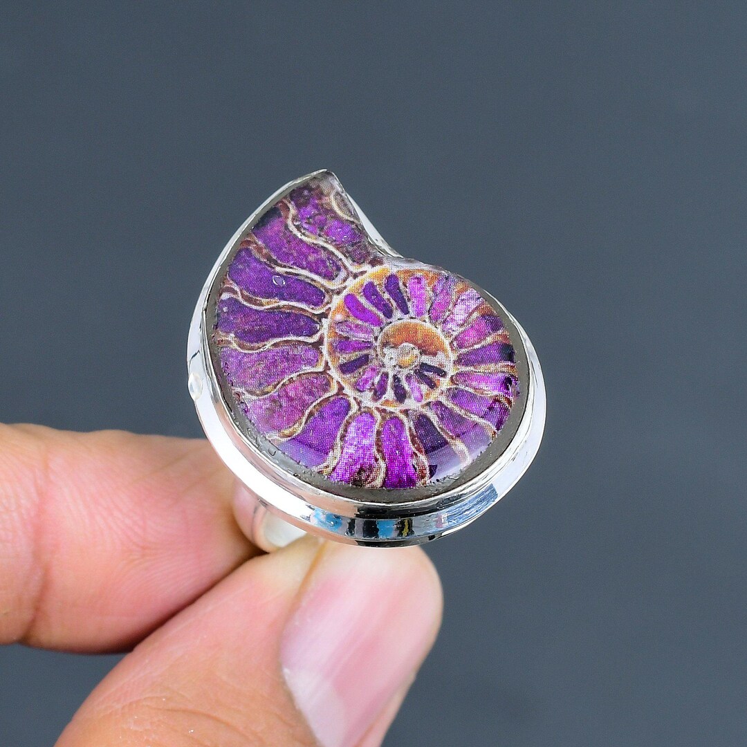 Purple Shade Ammonite Fossil Ring: Adjustable Sterling Silver Gemstone ...