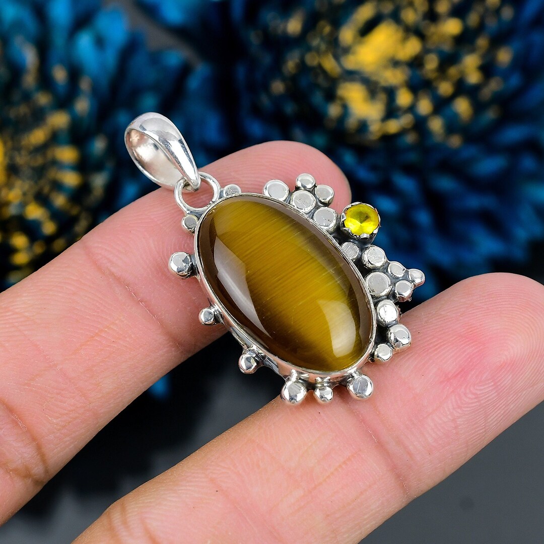 Precious Tiger's Eye Pendant, Gemstone Pendant, Yellow Pendant, 925 ...