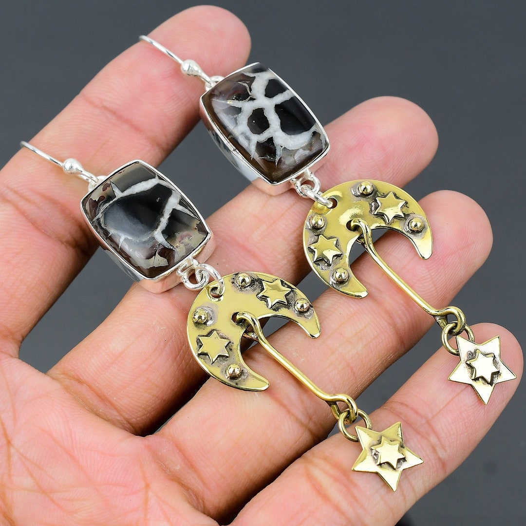 Moroccan Mud Crack Fossil Star N Moon Earrings, 18K Gold Plated Gemstone Earrings, Brown Drop ...